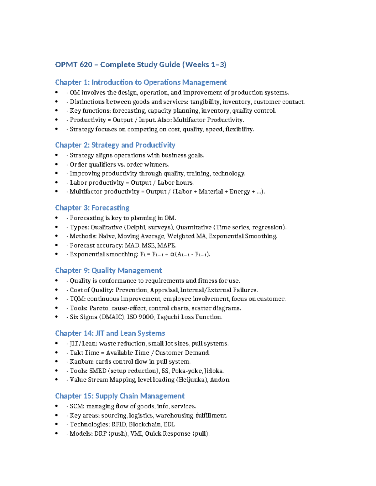 OPMT 620 Comprehensive Study Guide: Operations Management Insights ...