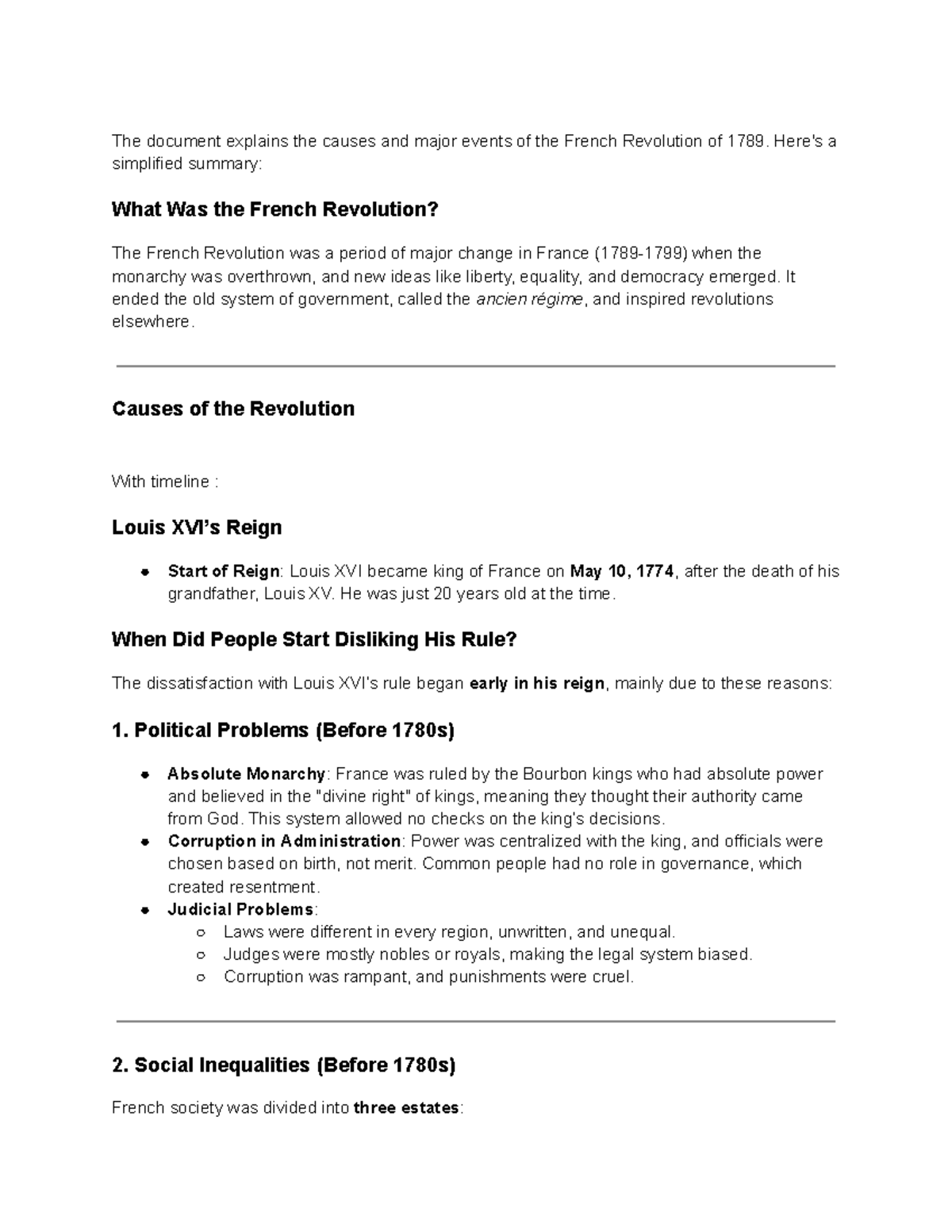 Causes and Events of the French Revolution (HIST 101) - A Summary - Studocu