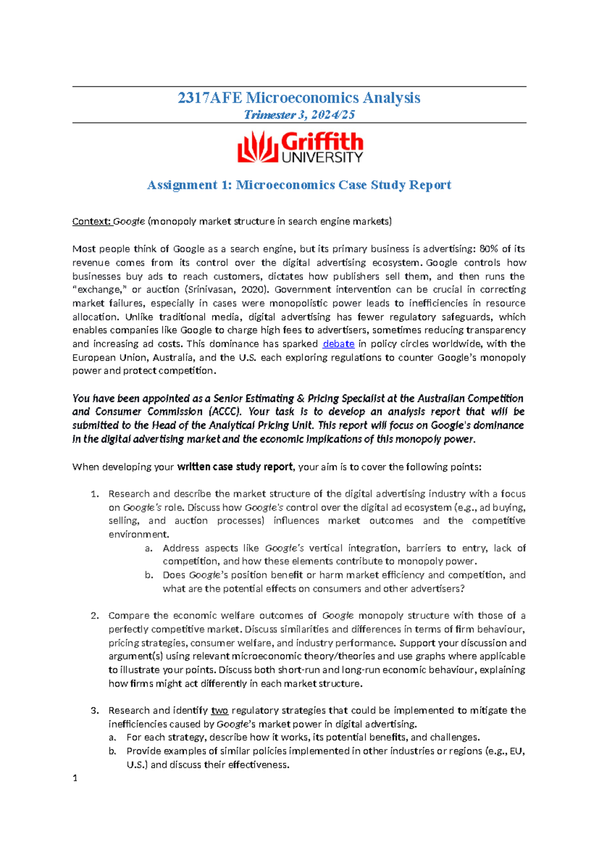 2317AFE-A1 Microeconomics Case Study on Google’s Monopoly Power - Studocu