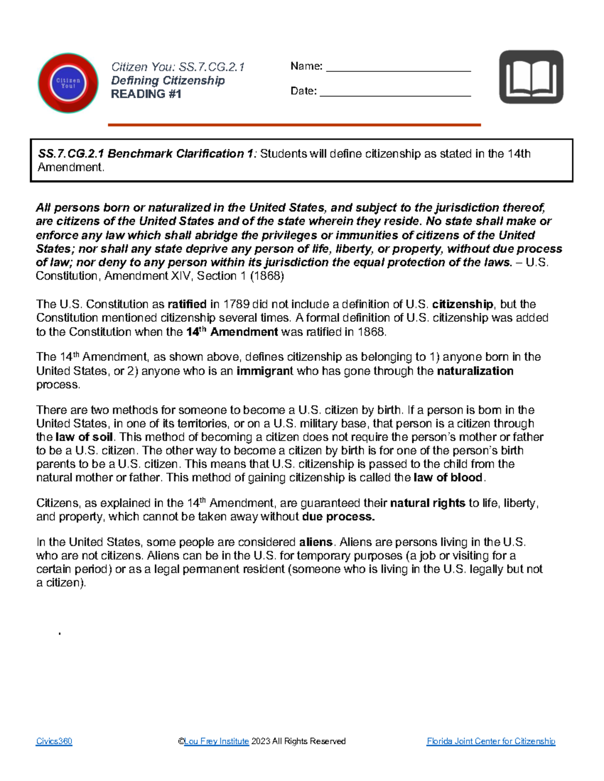 Understanding Citizenship: SS.7.CG.2.1 14th Amendment Reading Notes ...