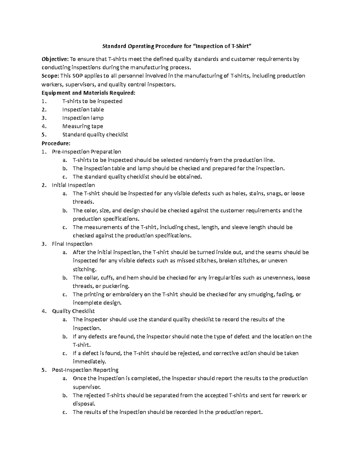 SOP for T-Shirt Inspection Process: Quality Control Guidelines - Studocu
