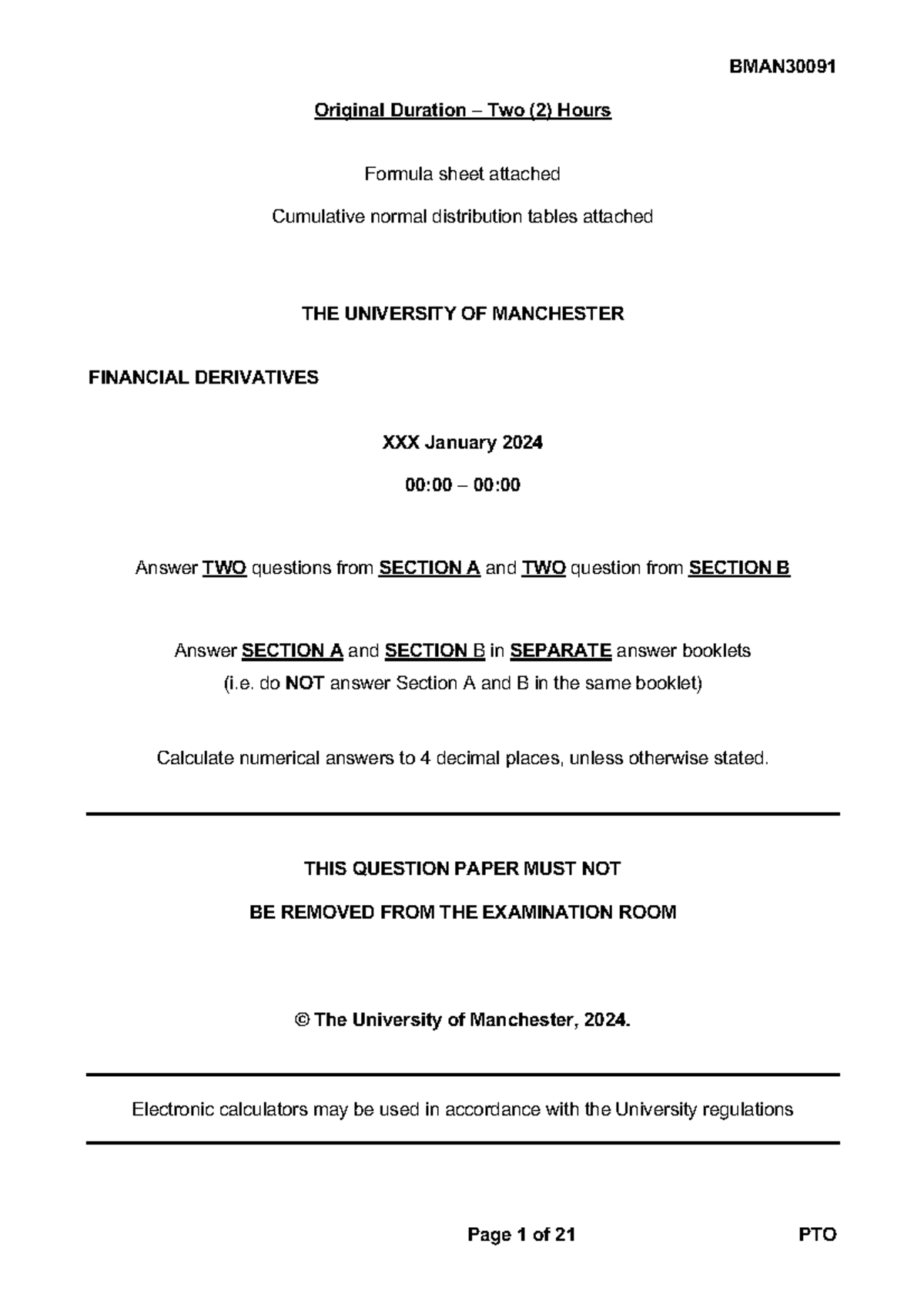 Jan 2024 BMAN30091 Financial Derivatives Exam Paper with Formula Sheets ...
