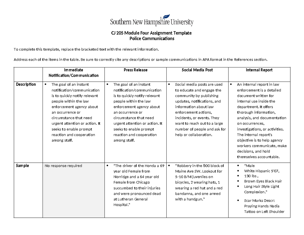 CJ 205 Module 4: Police Communications Assignment Template - Studocu