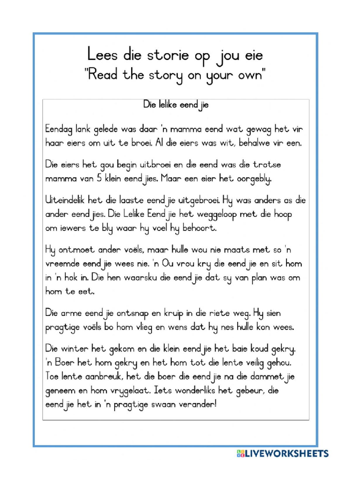 Lesingsstuk: Die Lelike Eendjie - Afrikaanse Verhaal Analisering - Studocu