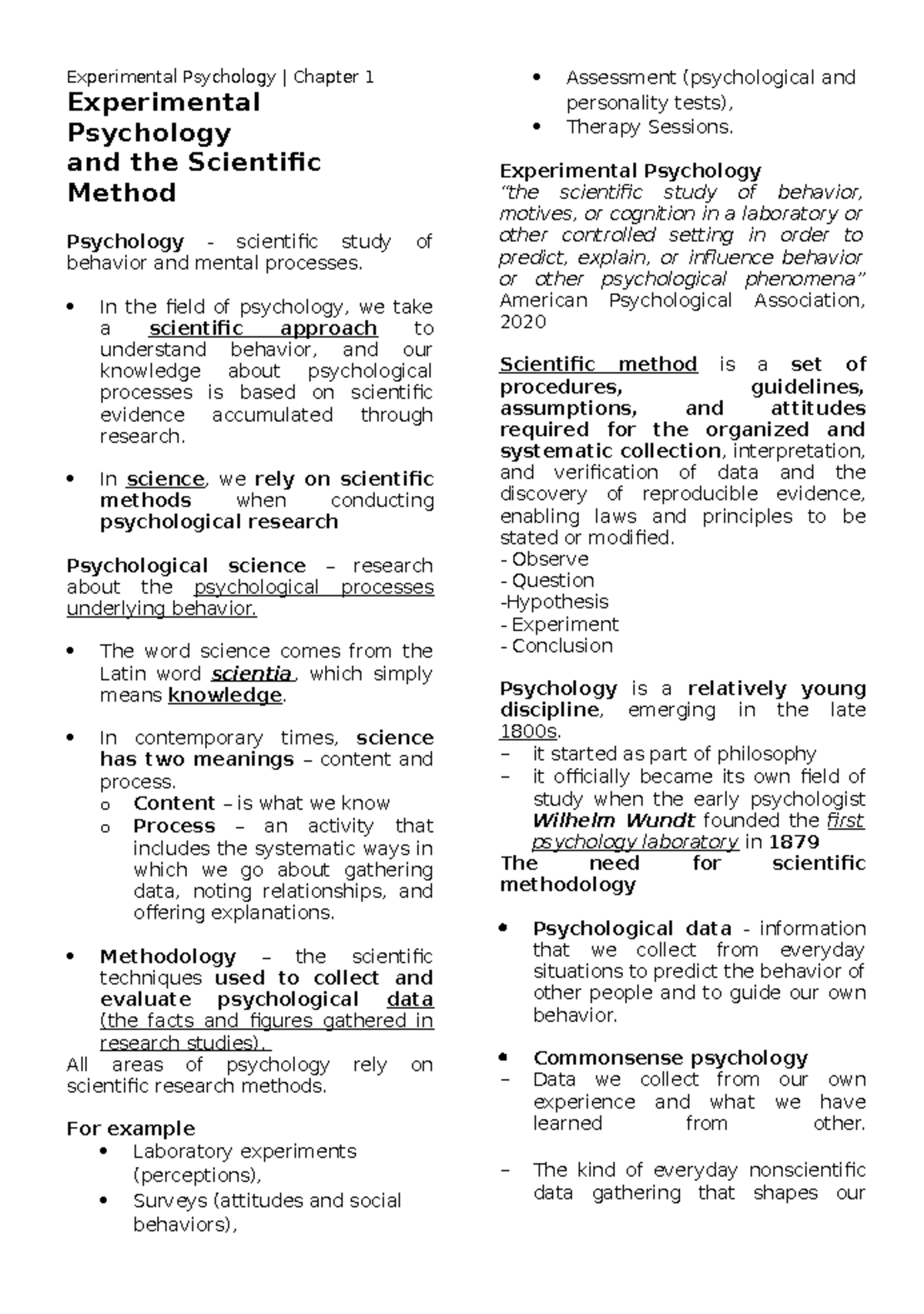 Chapter 1: Experimental Psychology & Scientific Method Lecture Notes ...