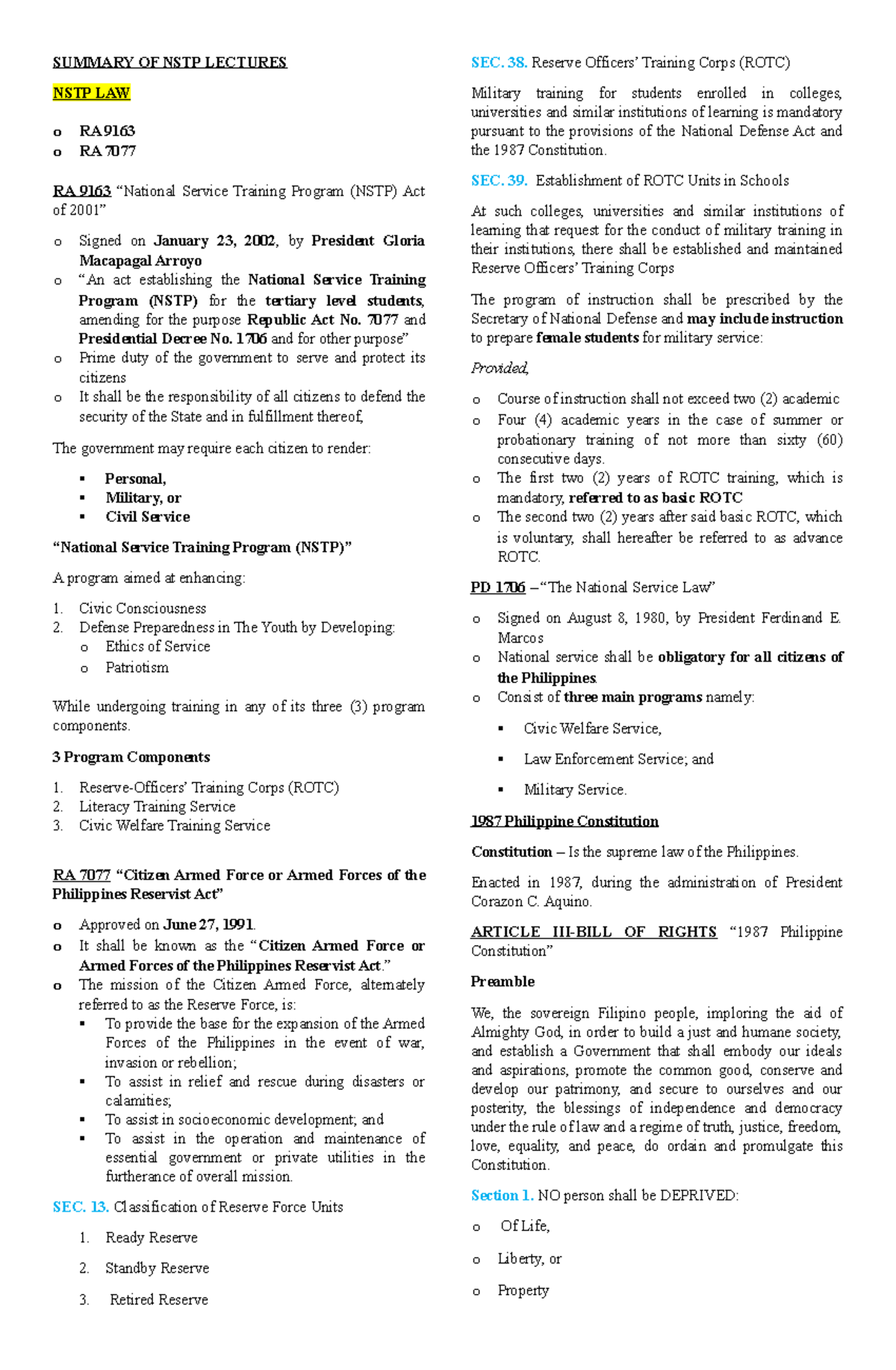 Lecture Highlights (MTE) - SUMMARY OF NSTP LECTURES NSTP LAW o RA 9163 ...