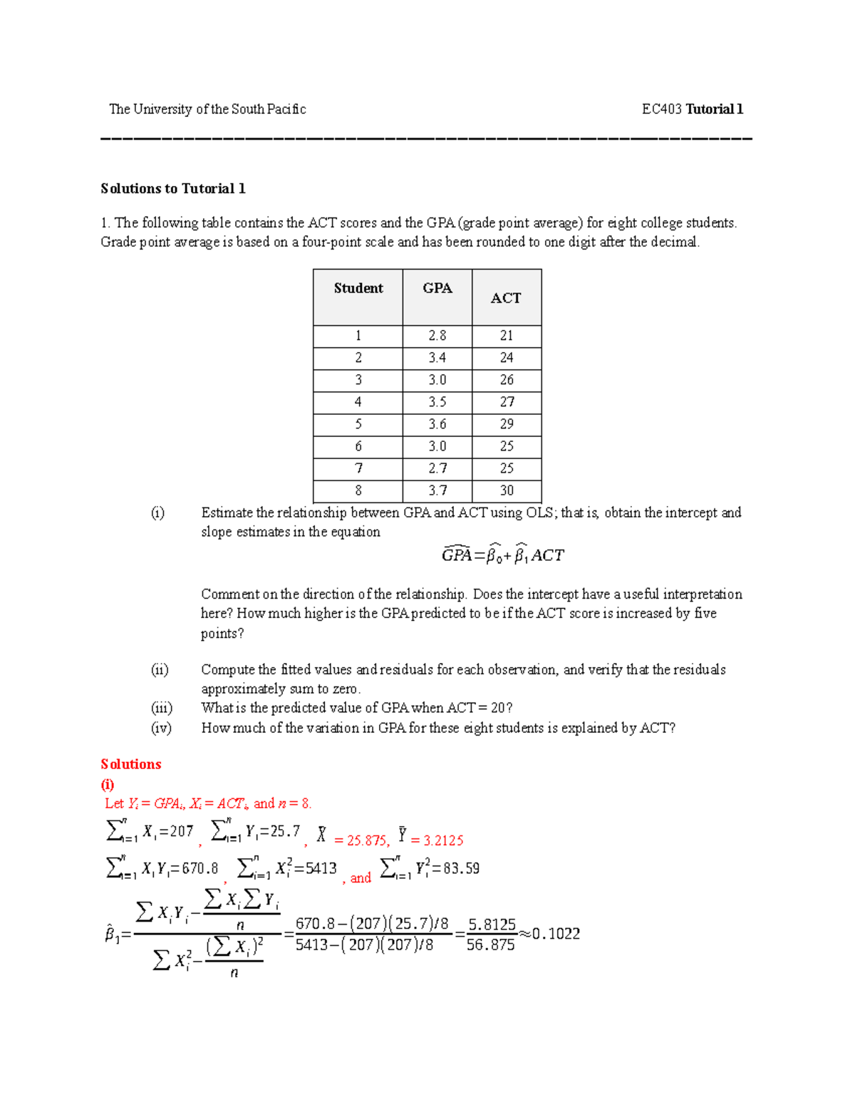EC403 Tutorial 1: Simple Linear Regression Solutions - Studocu