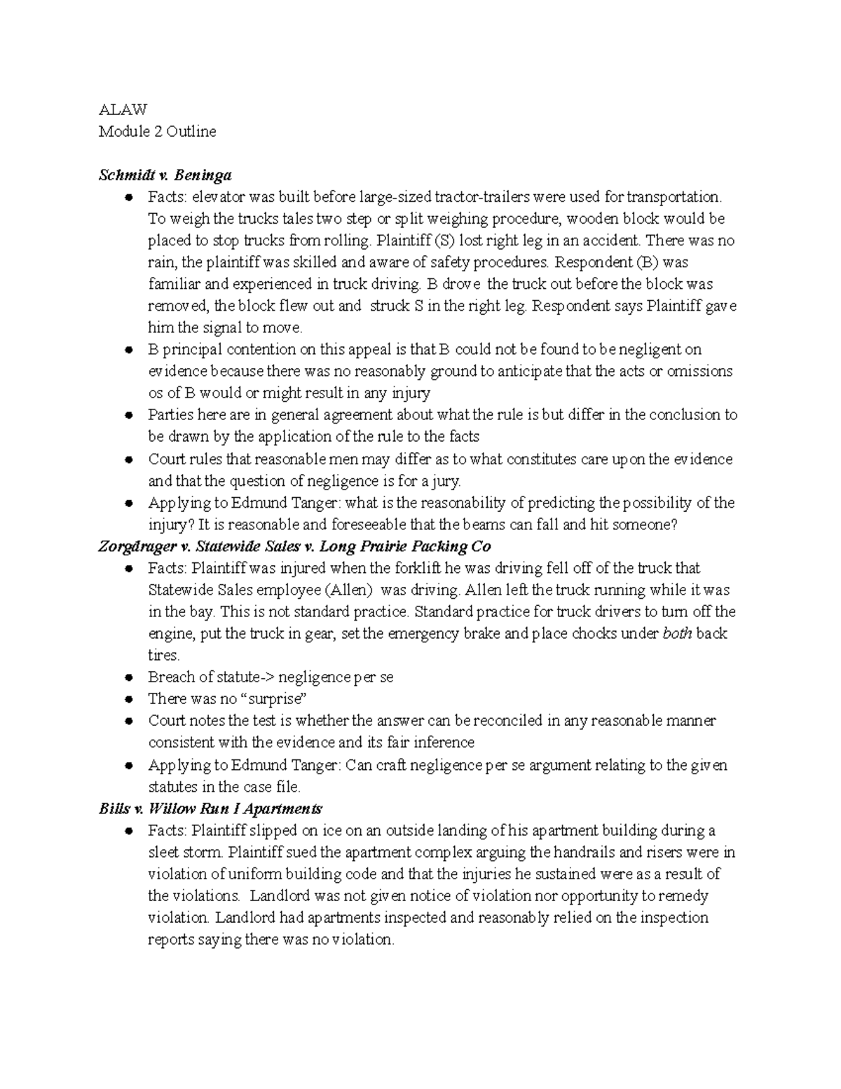 ALAW Module 2 Outline: Negligence Cases and Legal Principles - Studocu