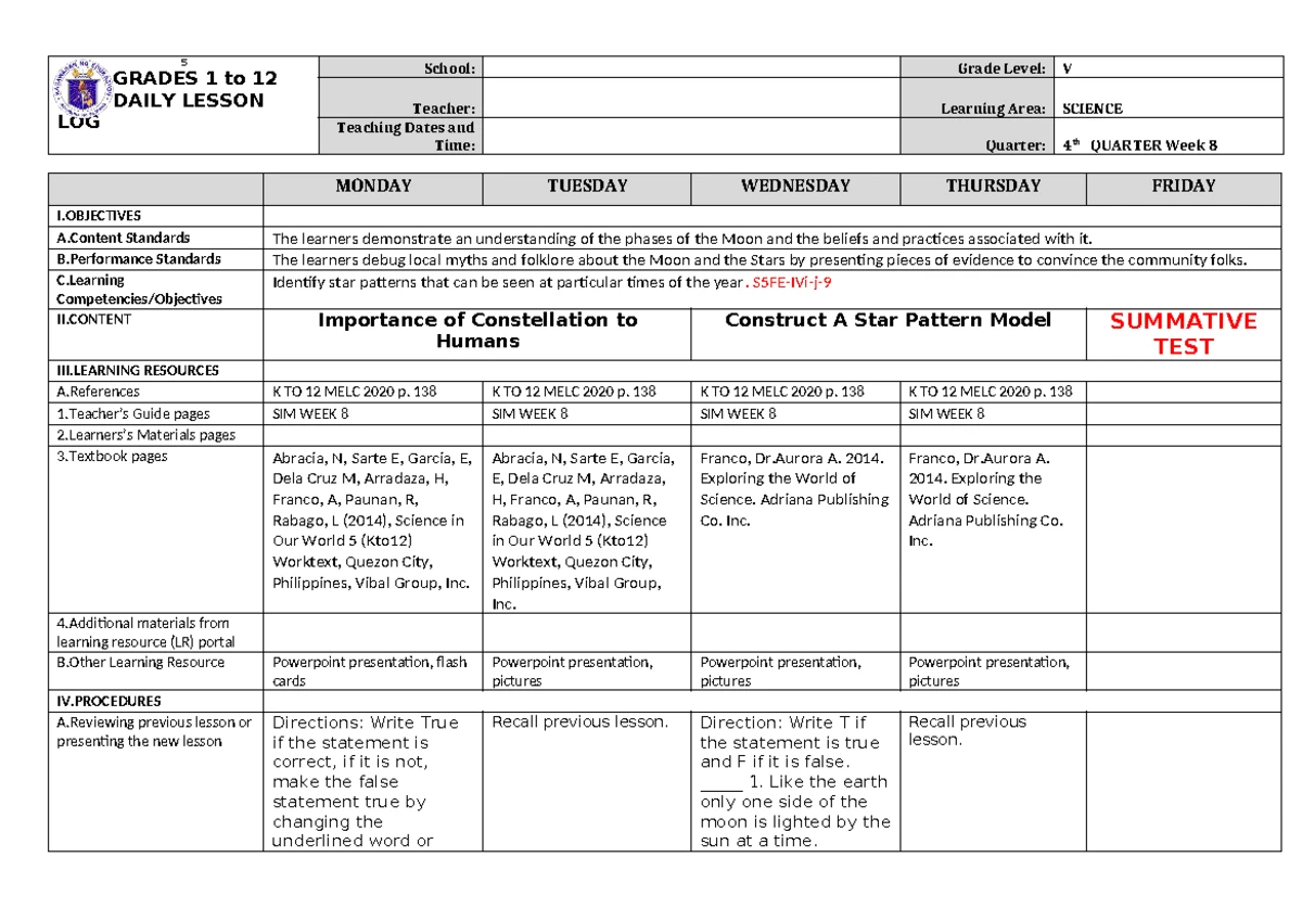 Grade 12 Weekly Lesson Plan: Inquiries, Investigations & Immersion 3IS ...