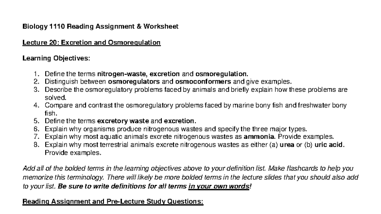 Biology 1110 Lecture 20: Excretion & Osmoregulation Worksheet - Studocu