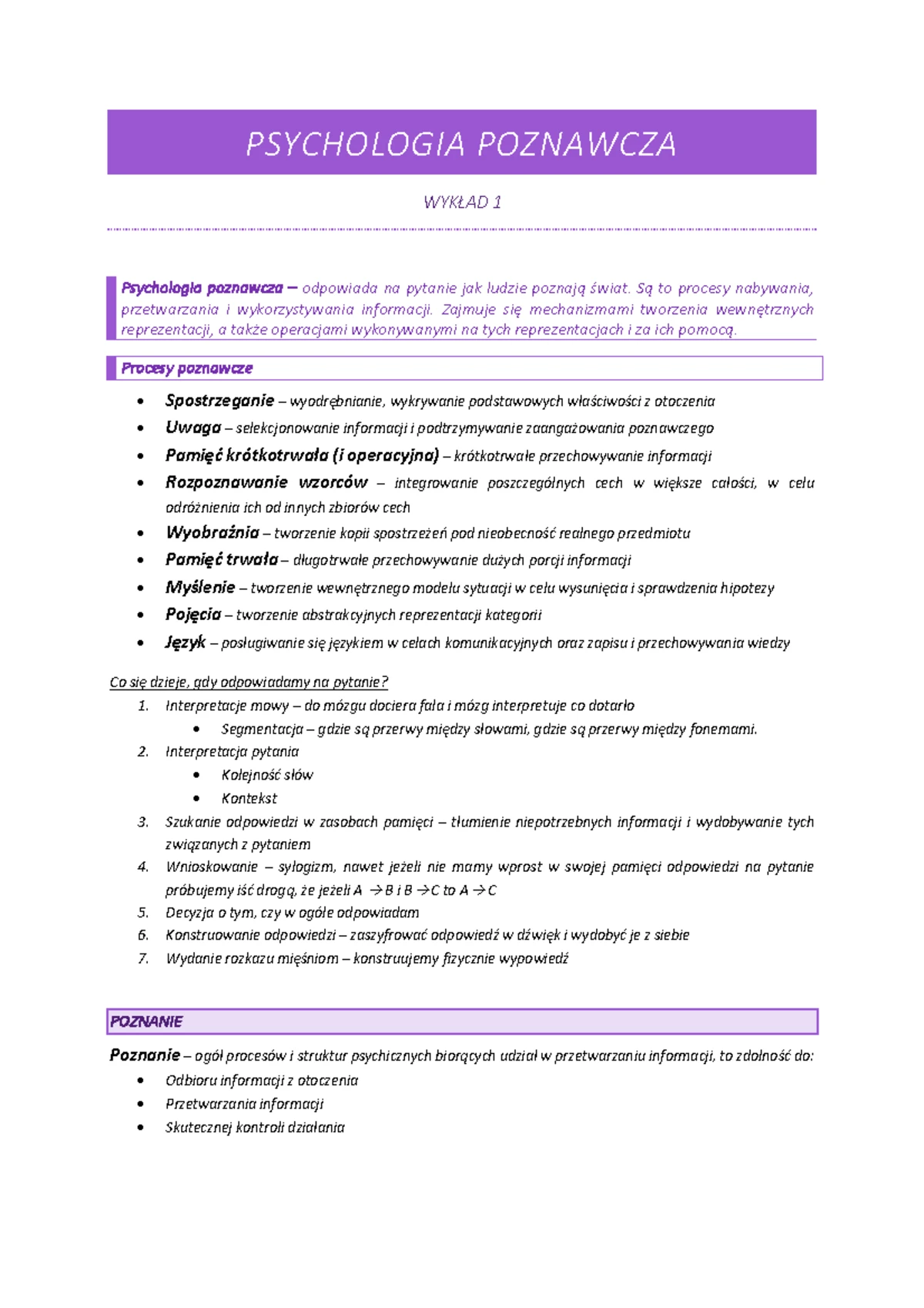 Podstawy psychologii - wykład notatki - 1. Psychologia jako nauka ...