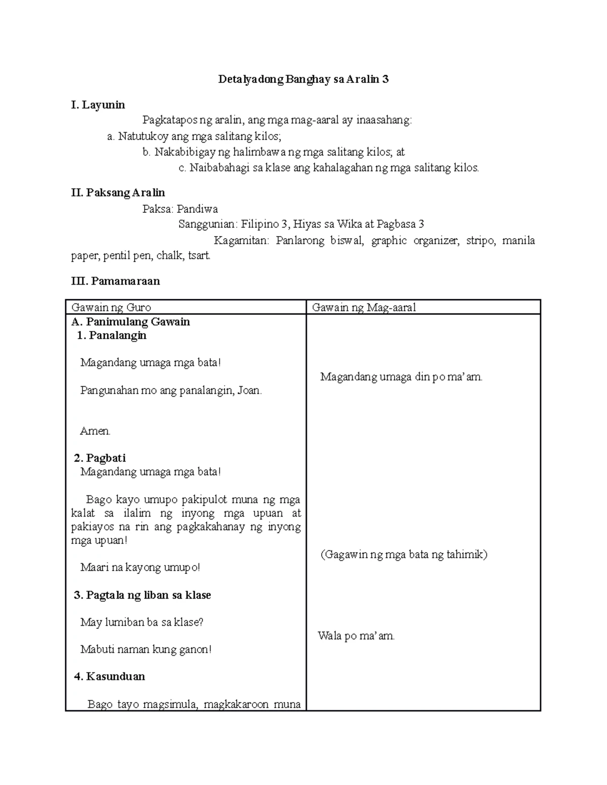 Filipino 3 - Detalyadong Banghay Aralin sa Panghalip Panao - Studocu