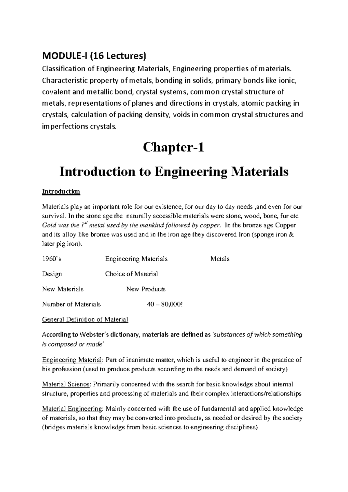 (16 Lectures) Classification of Engineering Materials: Properties, Structures, - Studocu