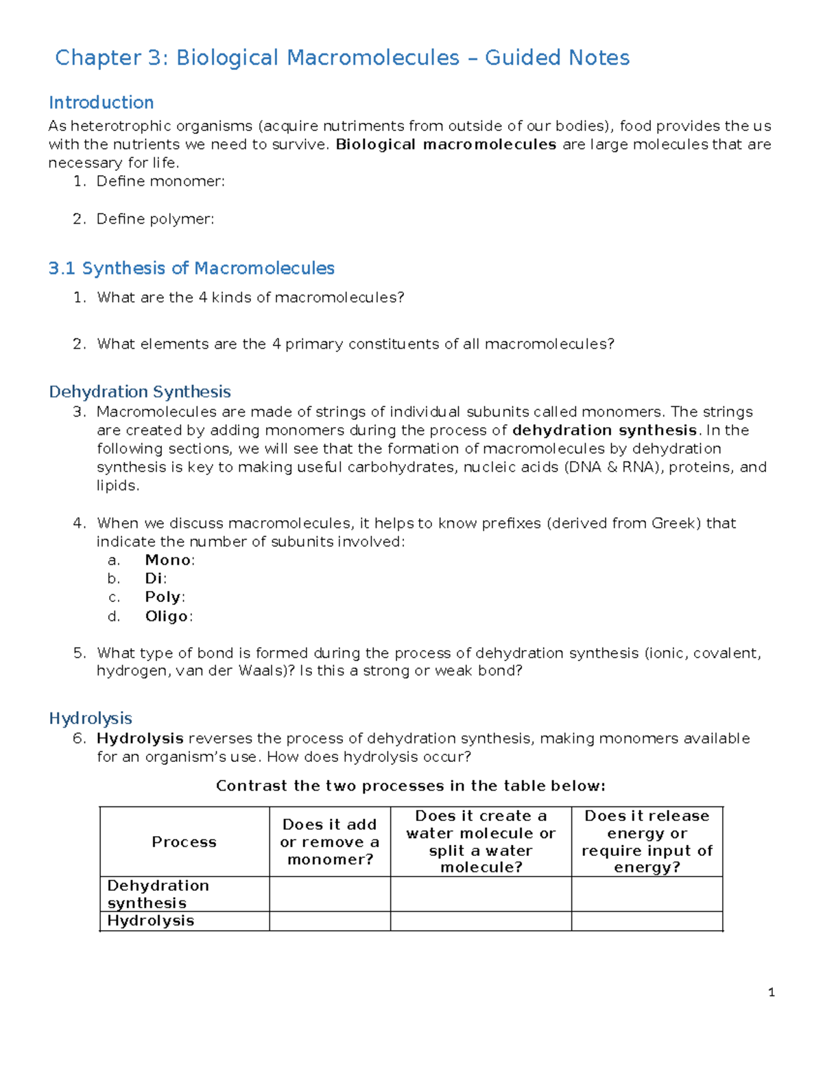 Biological Macromolecules: Chapter 3 Guided Notes & Key Concepts - Studocu