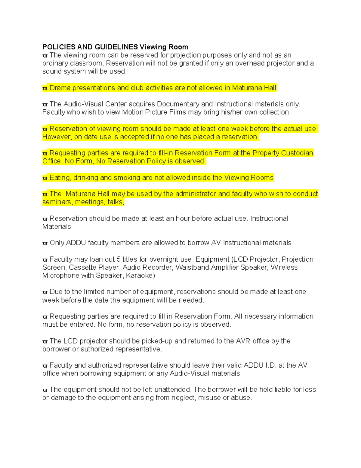 ADDU Viewing Room Policies & Guidelines for Reservations - Studocu