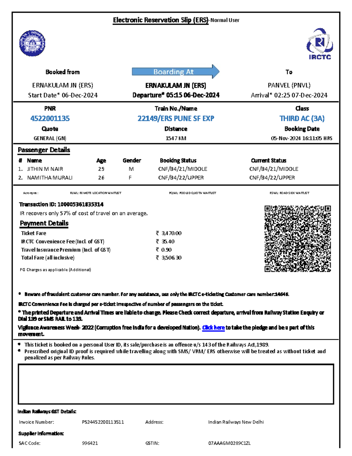Electronic reservation slip for train booking ERS to PNVL - Studocu