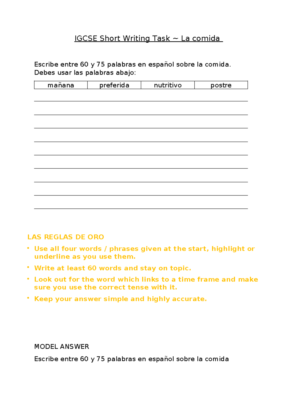 Short writing - la comida - IGCSE Short Writing Task ~ La comida ...
