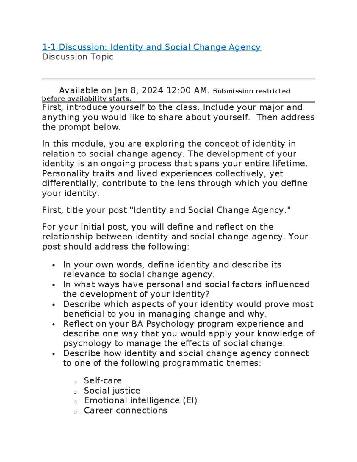 PSY 101 Discussion: Exploring Identity and Social Change Agency - Studocu