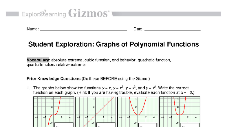 MHF4U-Unit1-Graphs of Polynomial Functions Student Exploration - Studocu