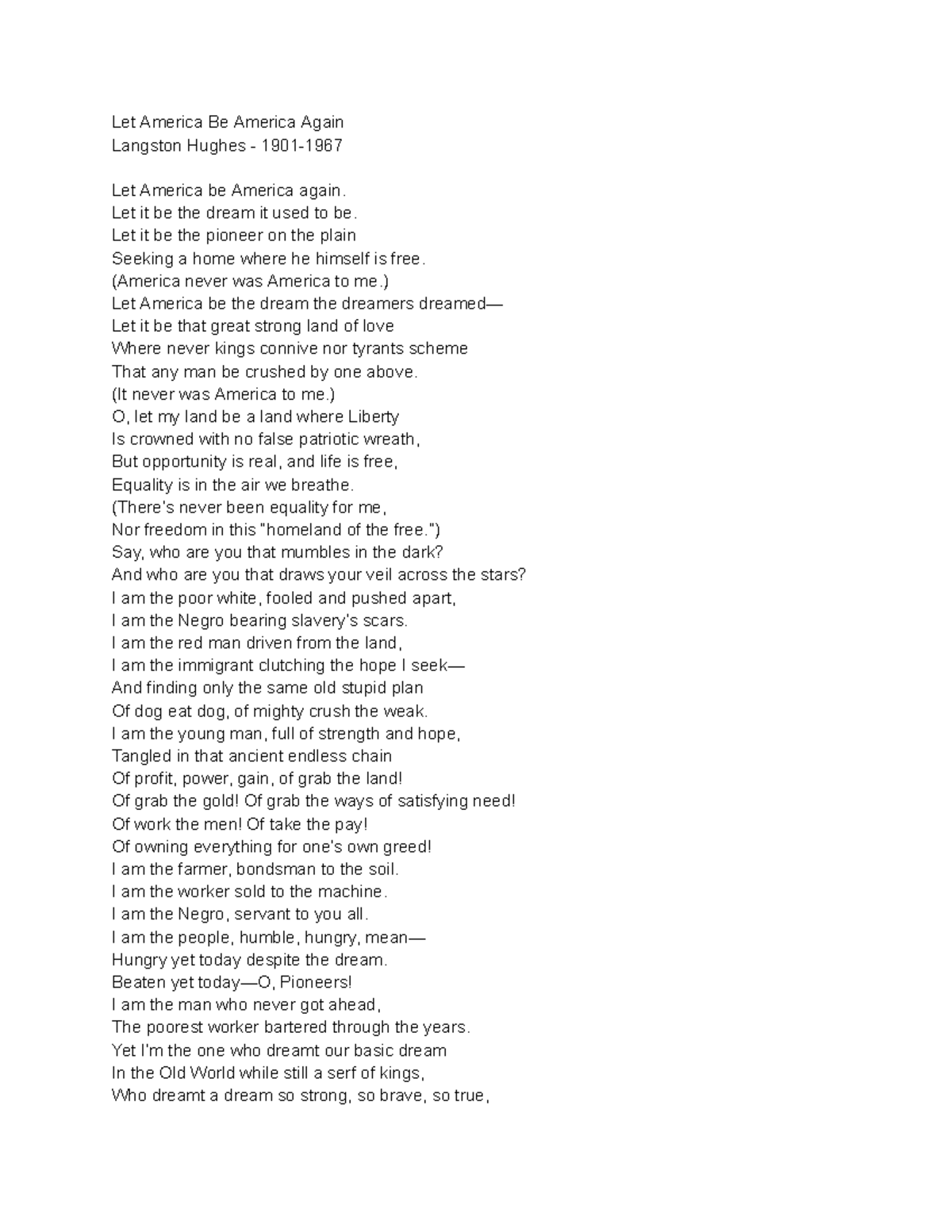 Langston Hughes - Let America Be America Again: A Poetic Analysis - Studocu