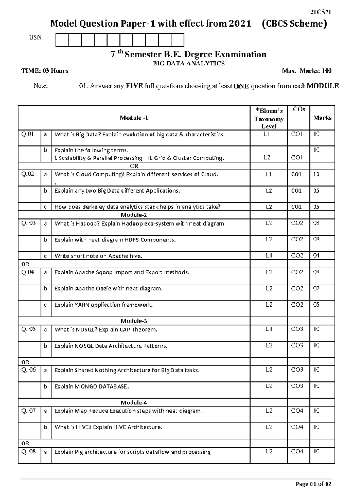 21CS71 - Big Data Analytics Model Question Paper 1 (CBCS Scheme) - Studocu