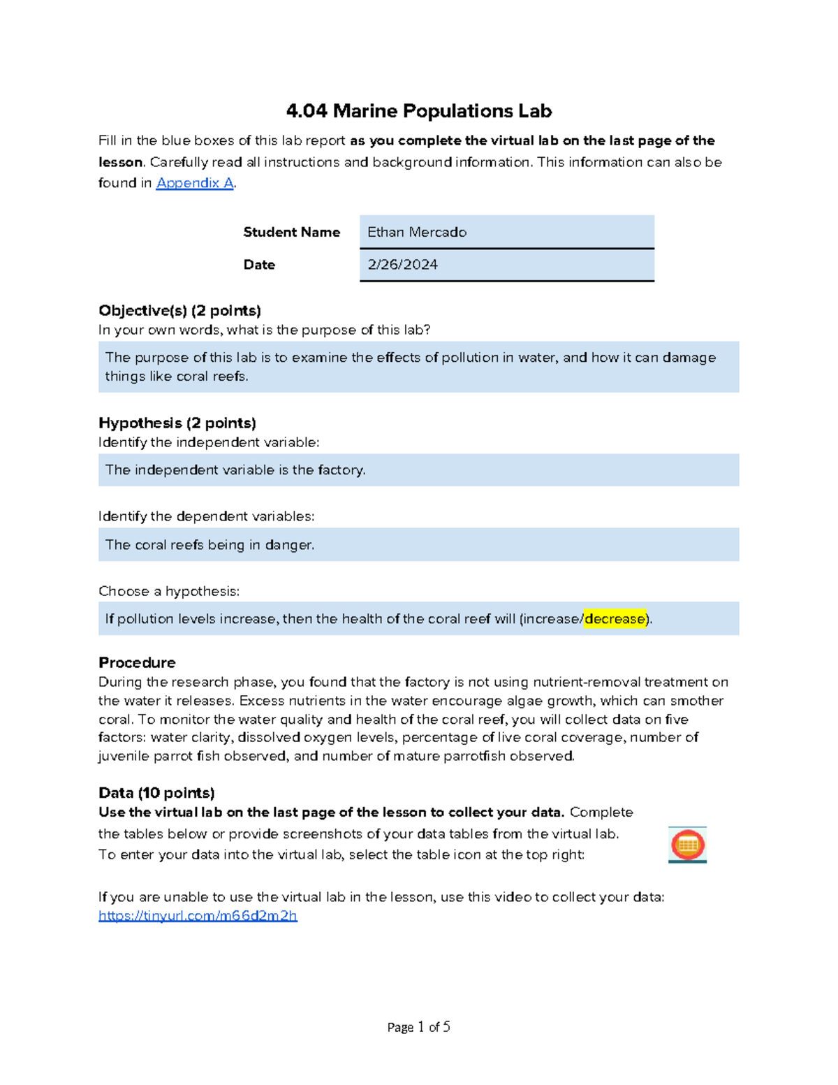 4.04 Marine Populations Lab Report: Analyzing Coral Reef Health - Studocu