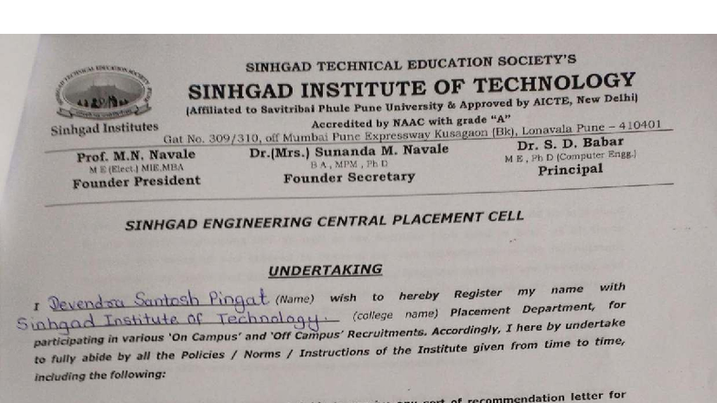 Undertaking Form for Placement - SIT 2023 - Studocu