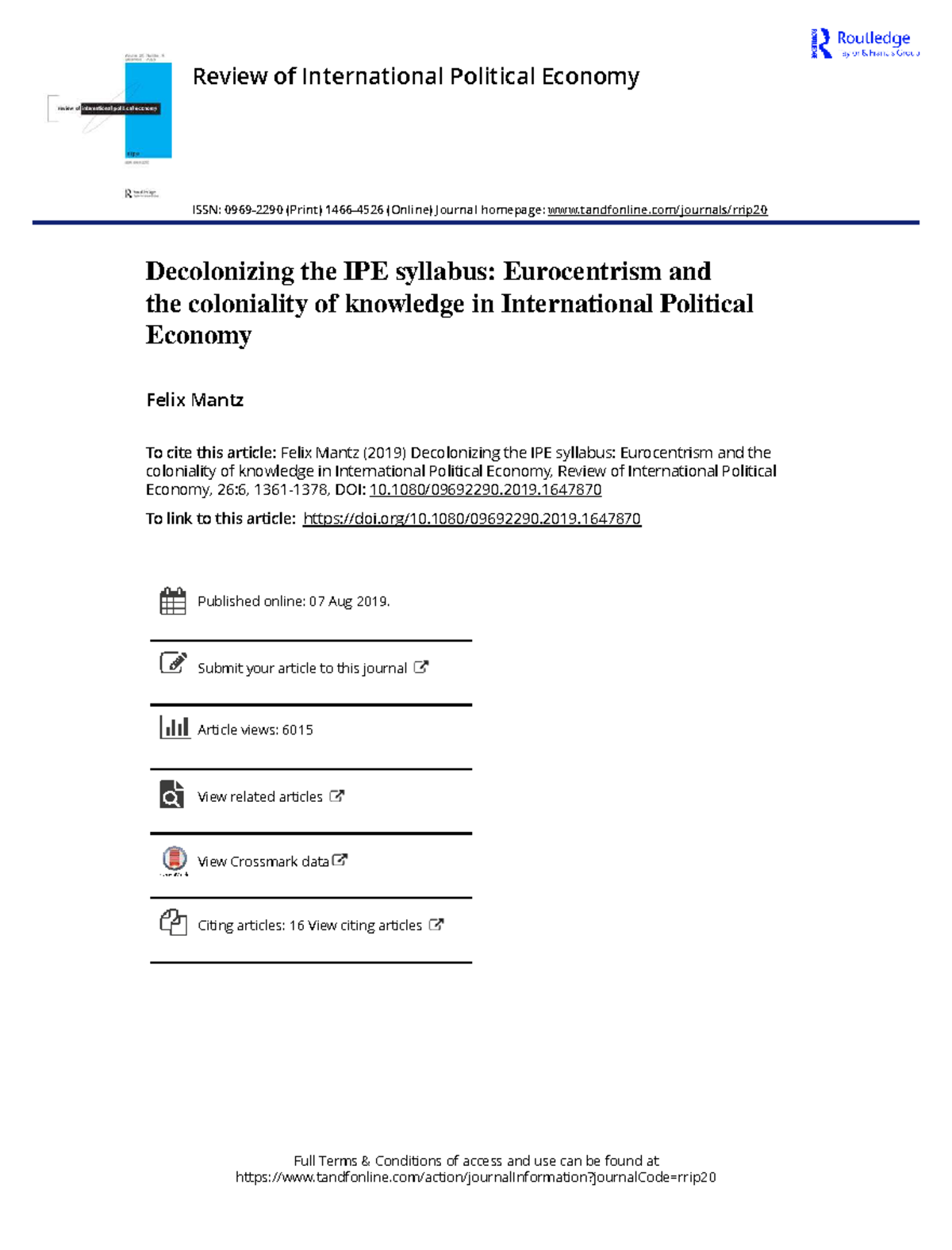 Decolonizing the IPE syllabus: Eurocentrism and knowledge critique in ...