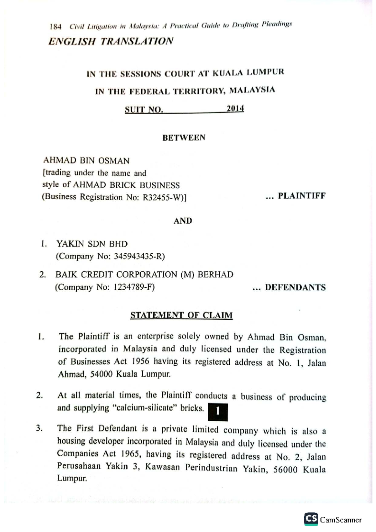 184 Civil Litigation in Malaysia: Sample Statement of Claim Draft - Studocu