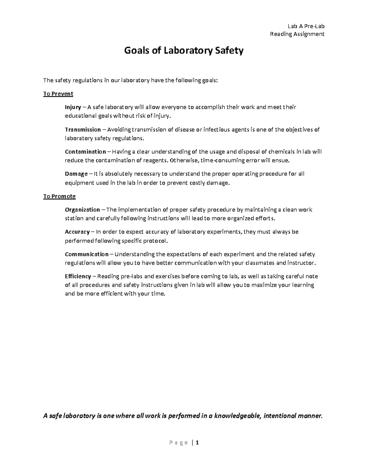 Part 1 Pre-Lab A - hbhb - Reading Assignment Goals of Laboratory Safety ...