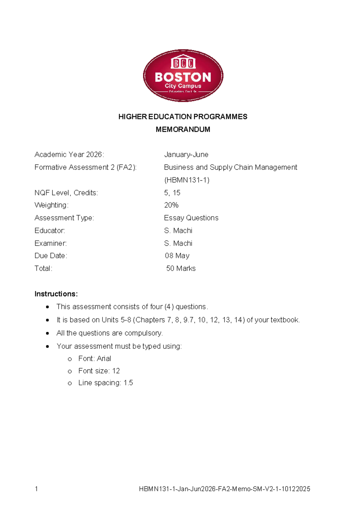HBMN131-1 Jan-Jun 2026 FA2 Memo - Business Management - Studocu