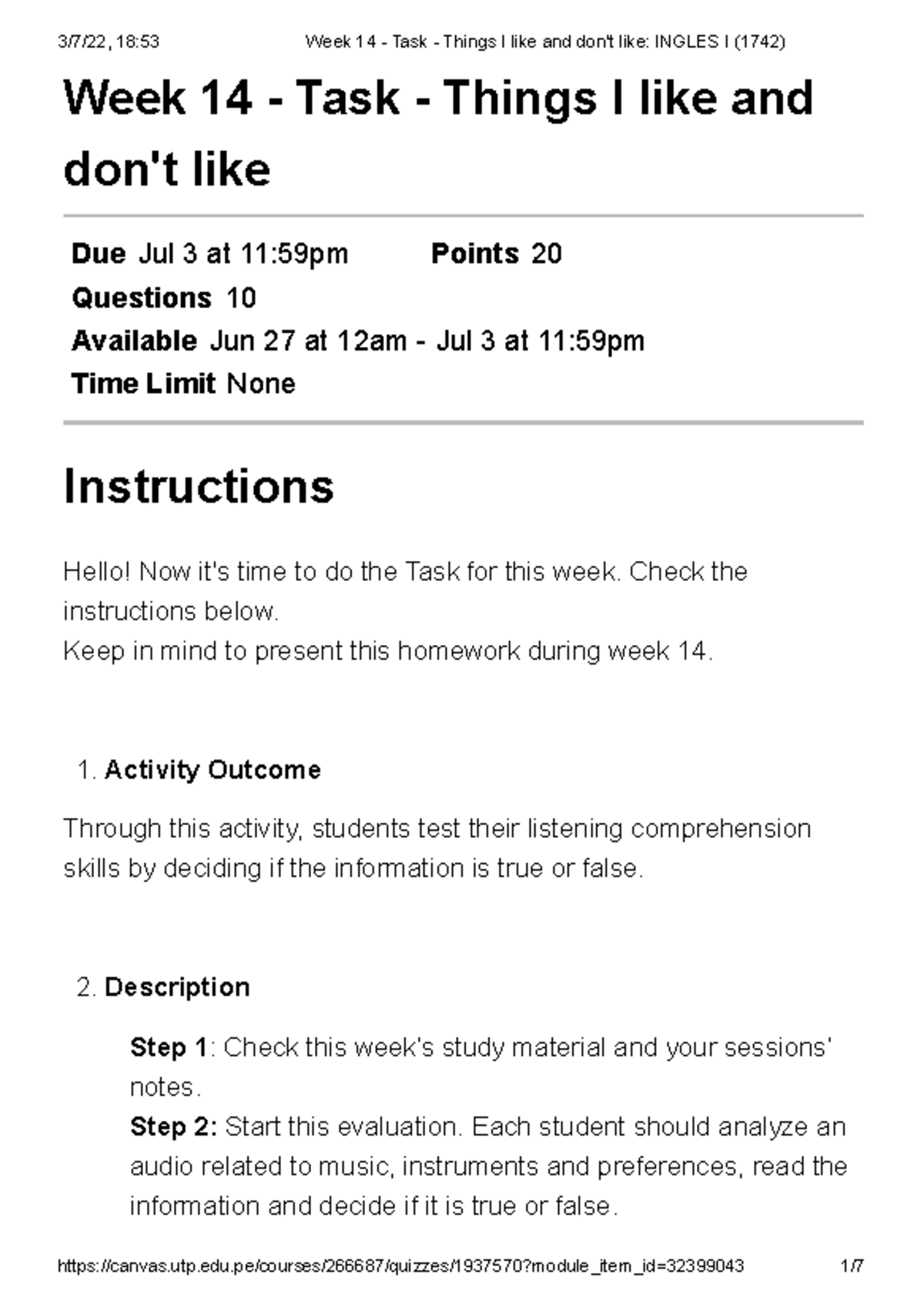 Week 14 - Task - Things I like and don't like Ingles I (1742) - Week 14 - Task - Things I like ...