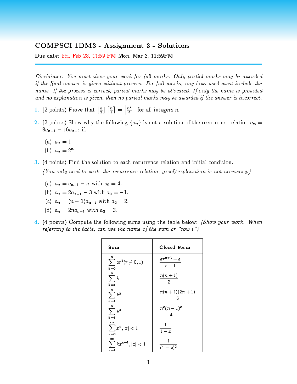 W25CS1DM3A3 - discrete math assignment - COMPSCI 1DM3 - Assignment 3 - Solutions Due date: Fri ...