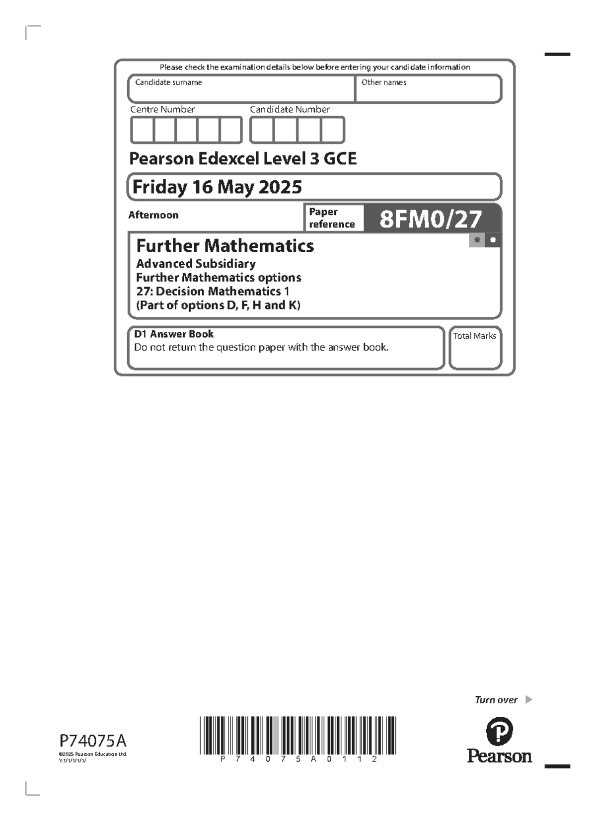 2506 8FM0-27 AS Decision Mathematics 1 – Exam Details & Answer Book ...