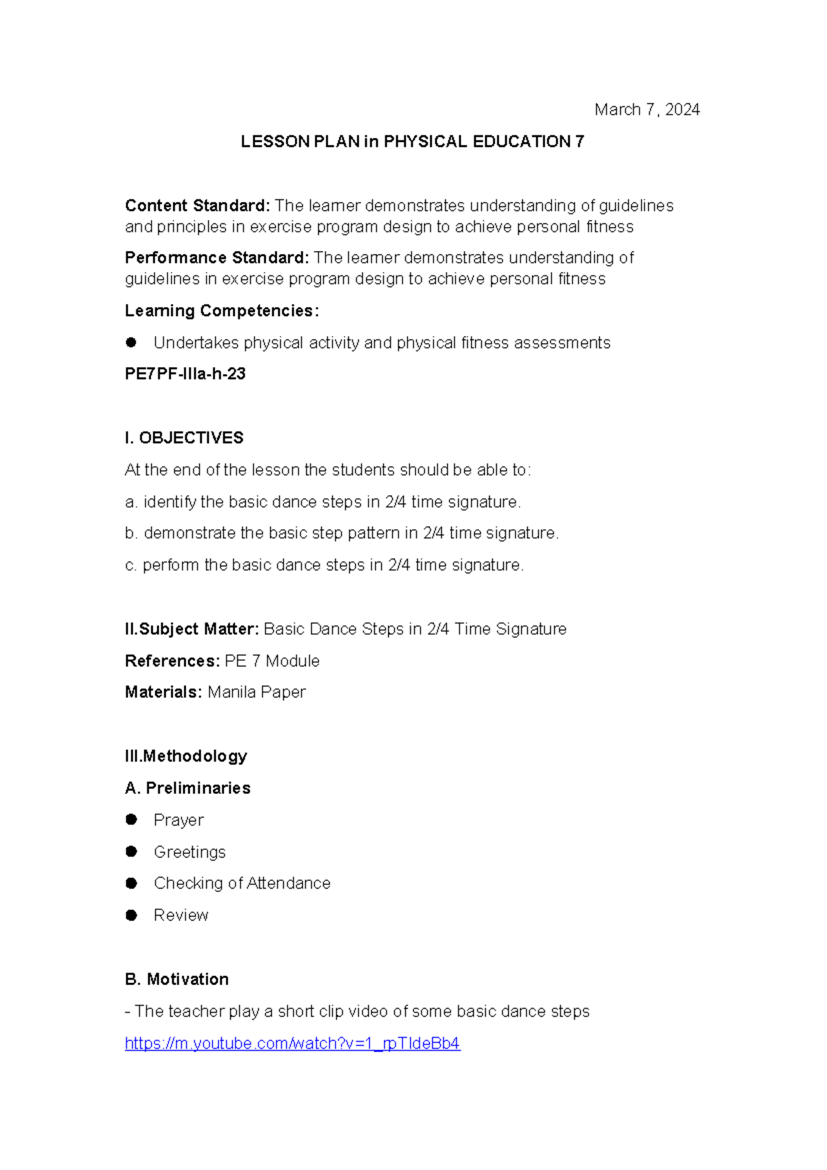 2/4 Dance Steps Lesson Plan for PE7 2024: Objectives & Activities - Studocu