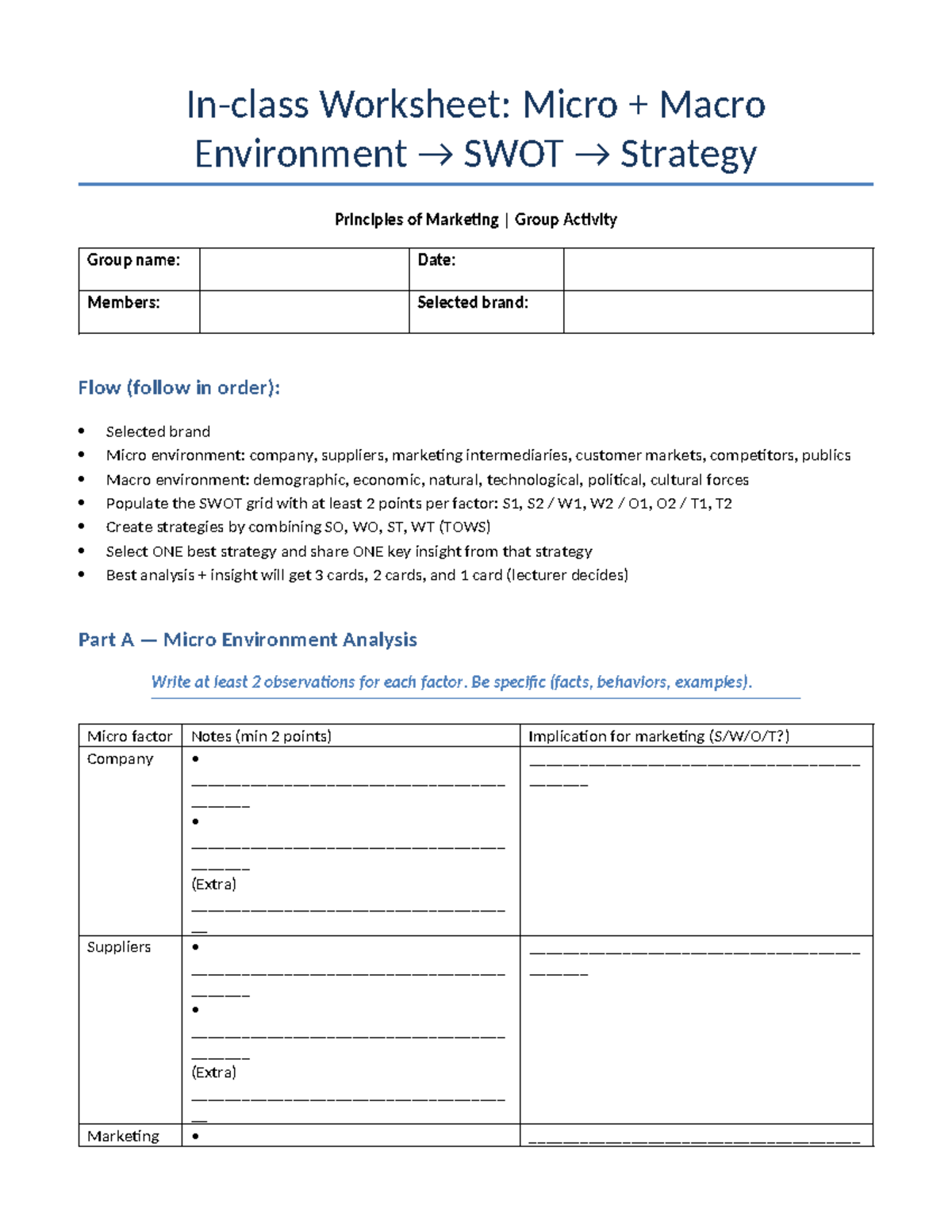 Chapter 3 Marketing SWOT Worksheet: Micro & Macro Analysis - Studocu