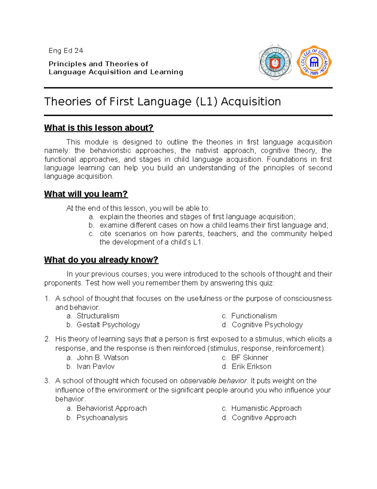 ENG ED 24 Module on Theories of First Language Acquisition - Studocu