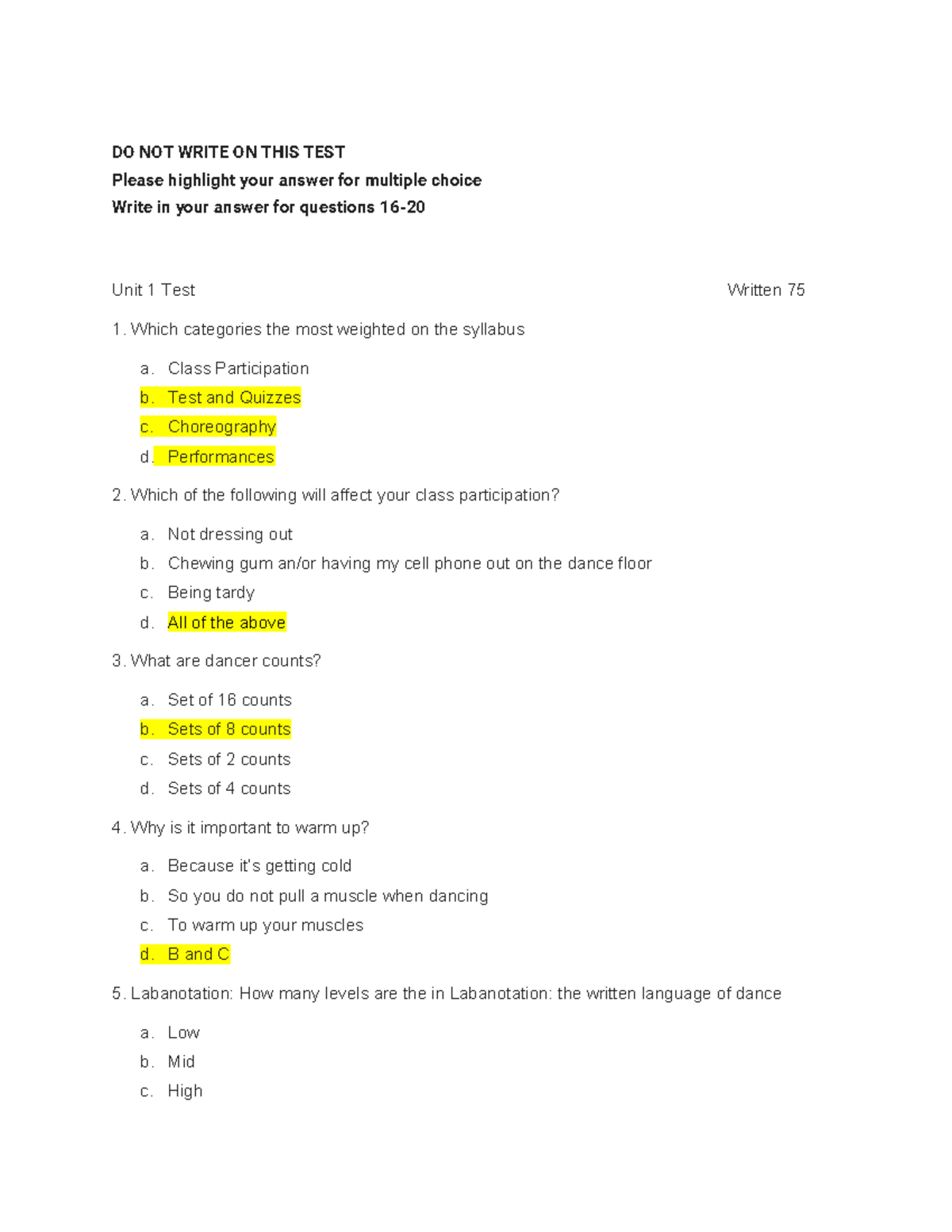 Unit 1 Dance 1-4 Test Document: Key Concepts and Practice Questions ...