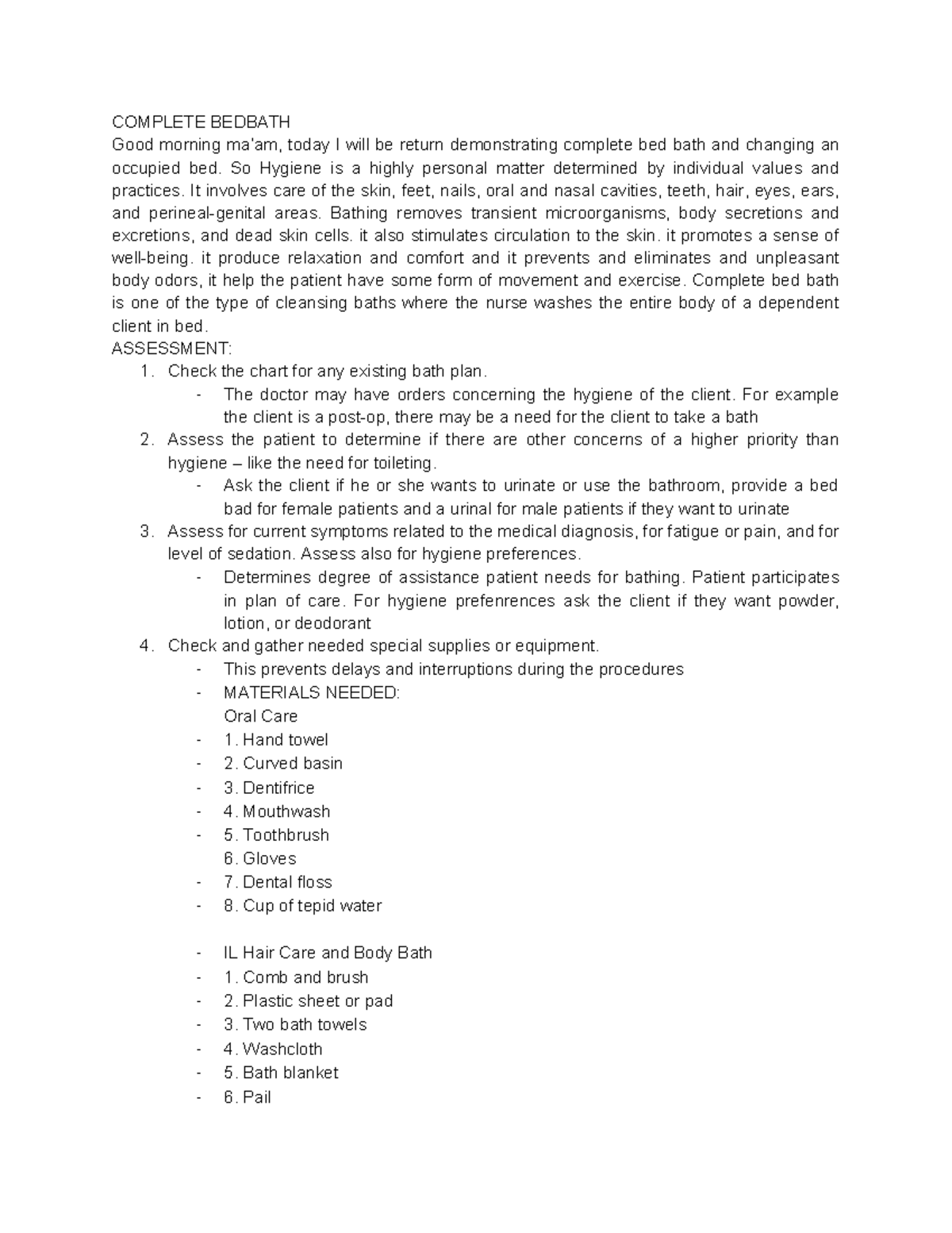 Complete Bed Bath Procedure - Nursing Care Demonstration Guide - Studocu