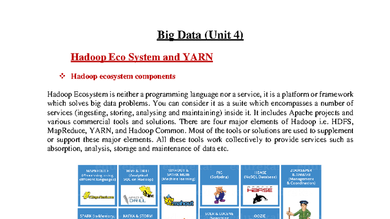 Big Data (Unit 4) Overview of Hadoop Ecosystem and YARN - Studocu