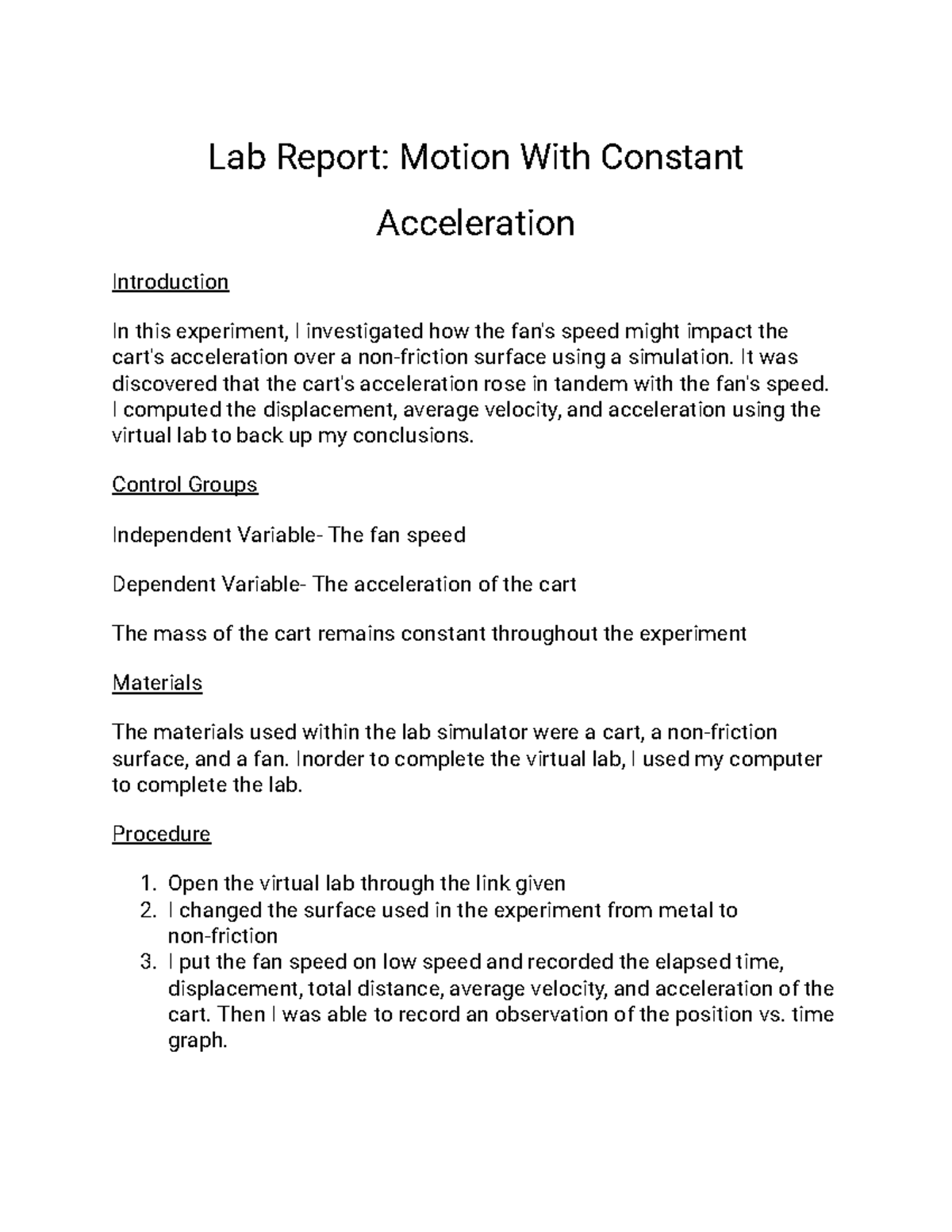 Lab Report: Motion with Constant Acceleration (Physics 101) - Studocu