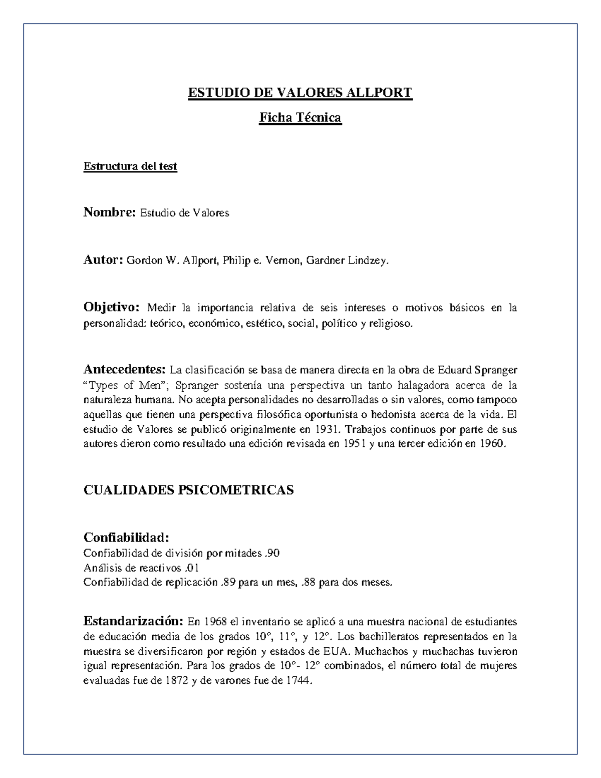Estudio de Valores de Allport: Análisis y Características Psicometricas ...