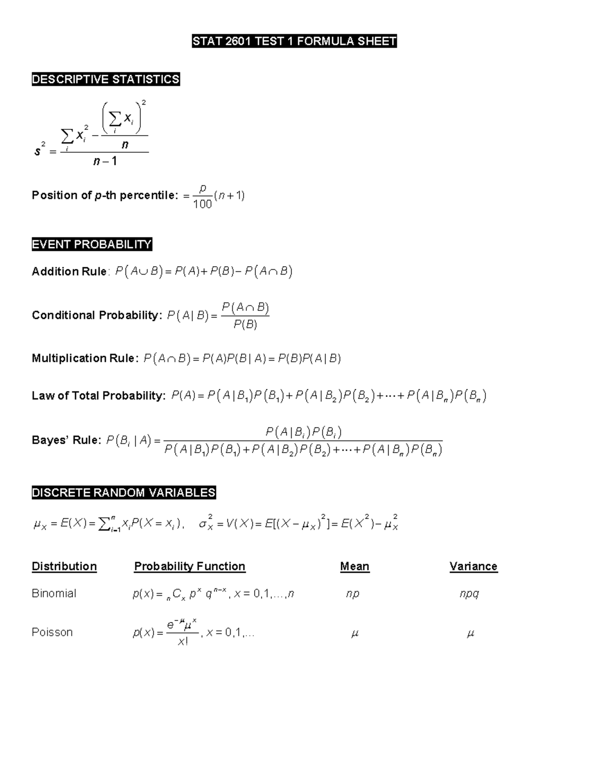 TEST 1 FORMULA SHEET - STAT 2601 TEST 1 FORMULA SHEET DESCRIPTIVE ...