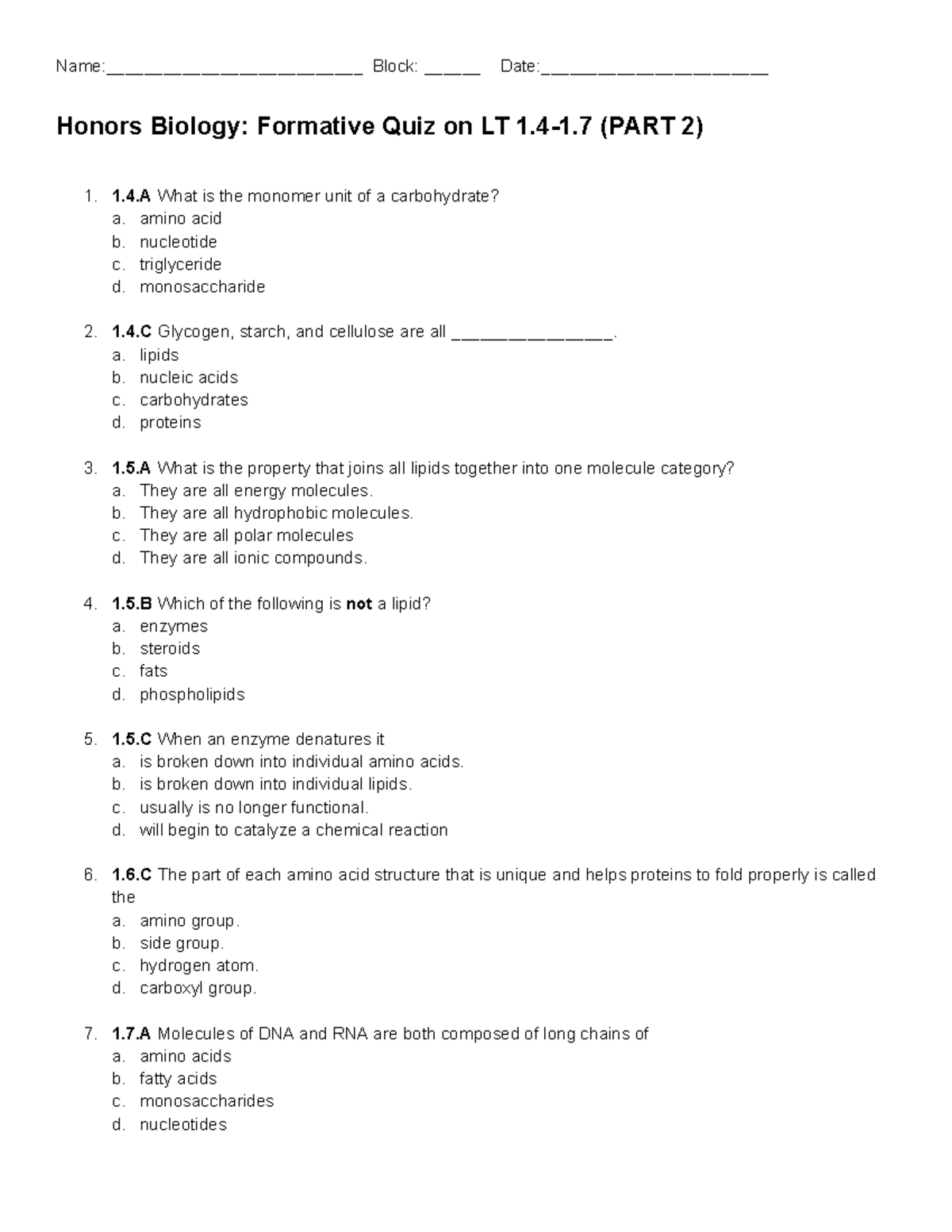 Honors Biology Quiz on LT 1.4-1.7: Formative Part 2 - Studocu