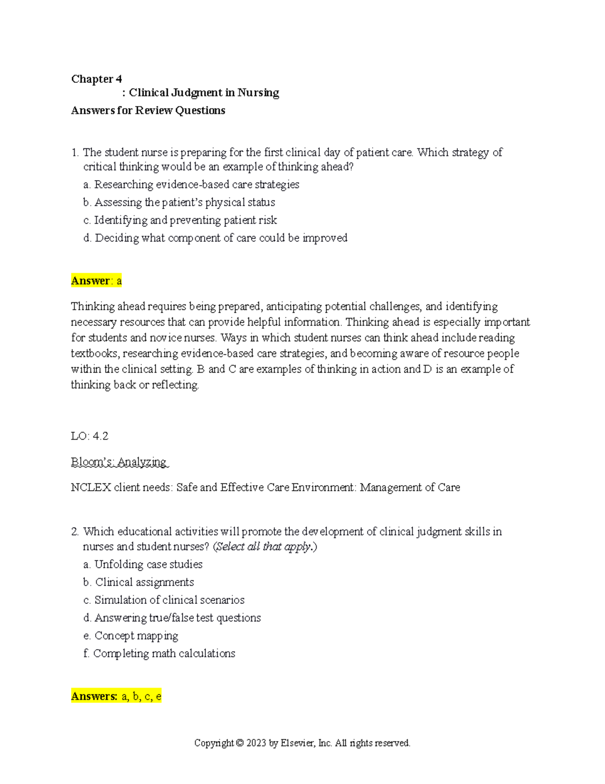 Chapter 004: Q&A Key on Clinical Judgment in Nursing - Studocu