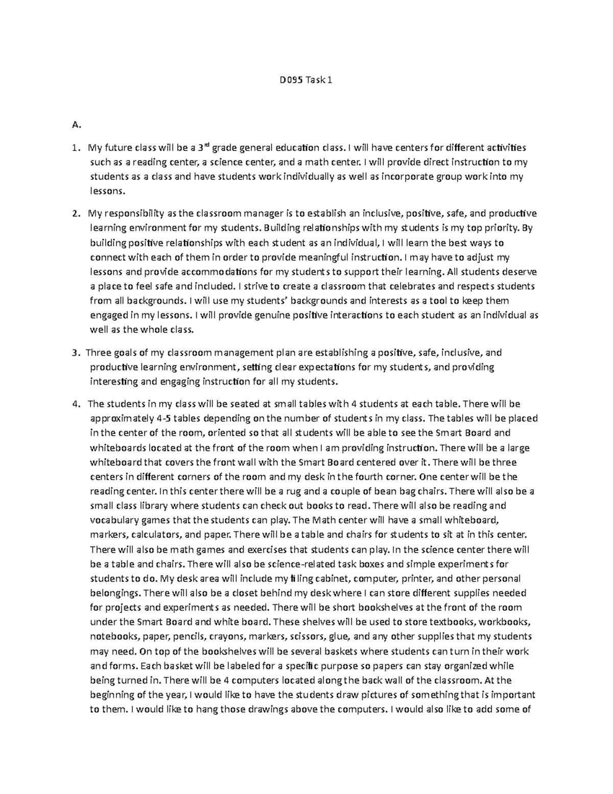 D095 Task 1 - task 1 - D095 Task 1 A. My future class will be a 3rd ...