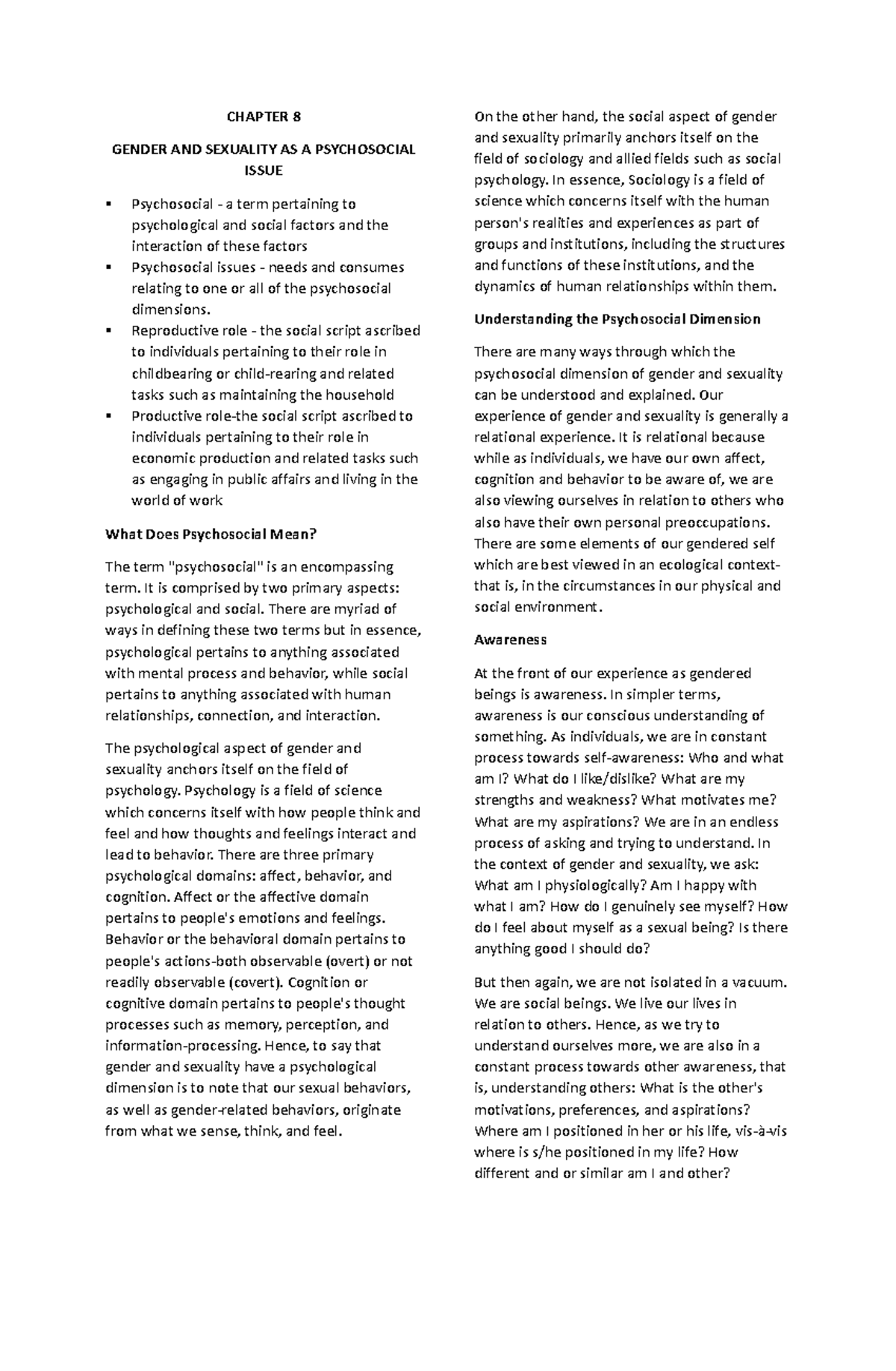 GEE2 Chapter 8-11 - for downloading :)) - CHAPTER 8 GENDER AND SEXUALITY AS A PSYCHOSOCIAL ISSUE ...