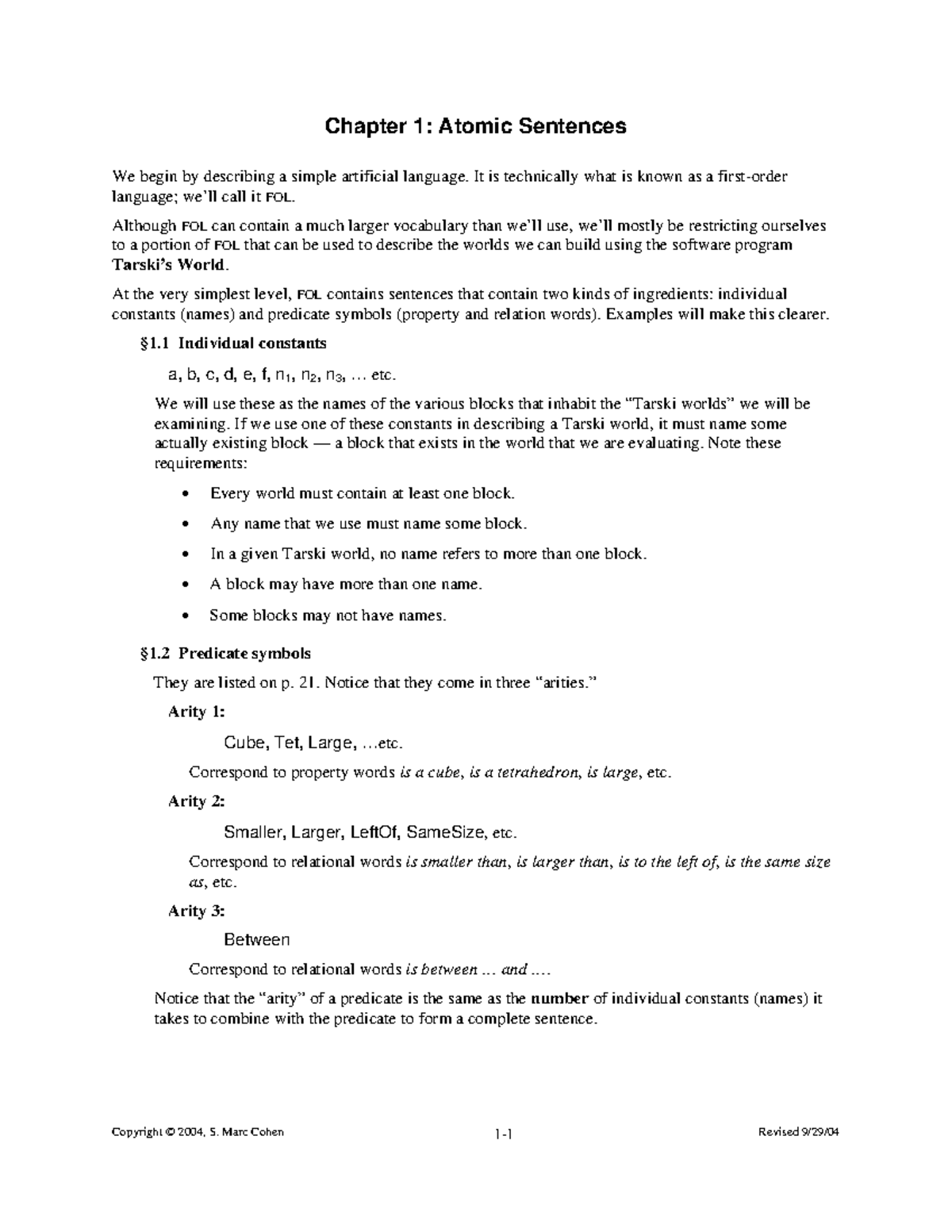 FOL - Lecture Notes on Atomic Sentences and Logic Concepts - Studocu