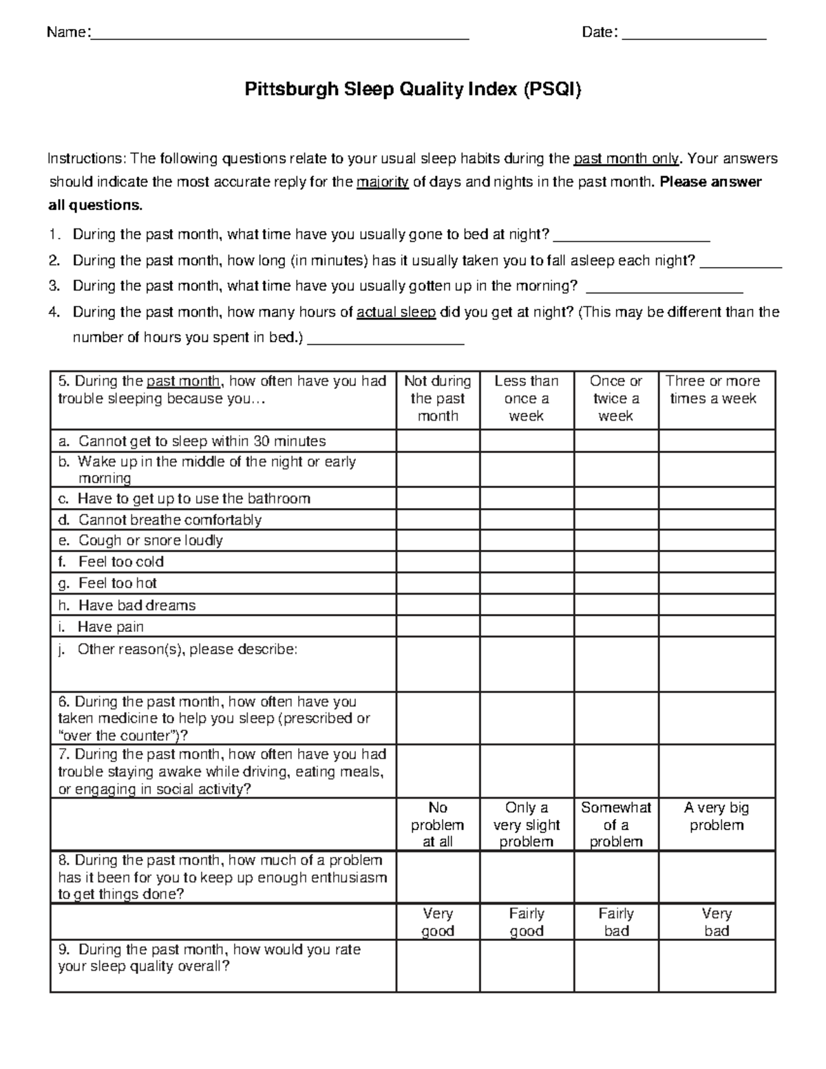 Pittsburgh Sleep Quality Index (PSQI) Assessment Instructions - Studocu