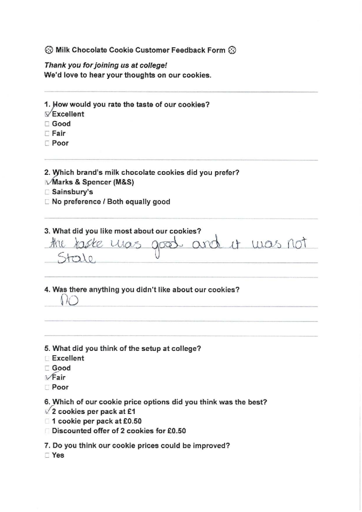 Milk Chocolate Cookie Feedback Form - College Survey Insights - Studocu